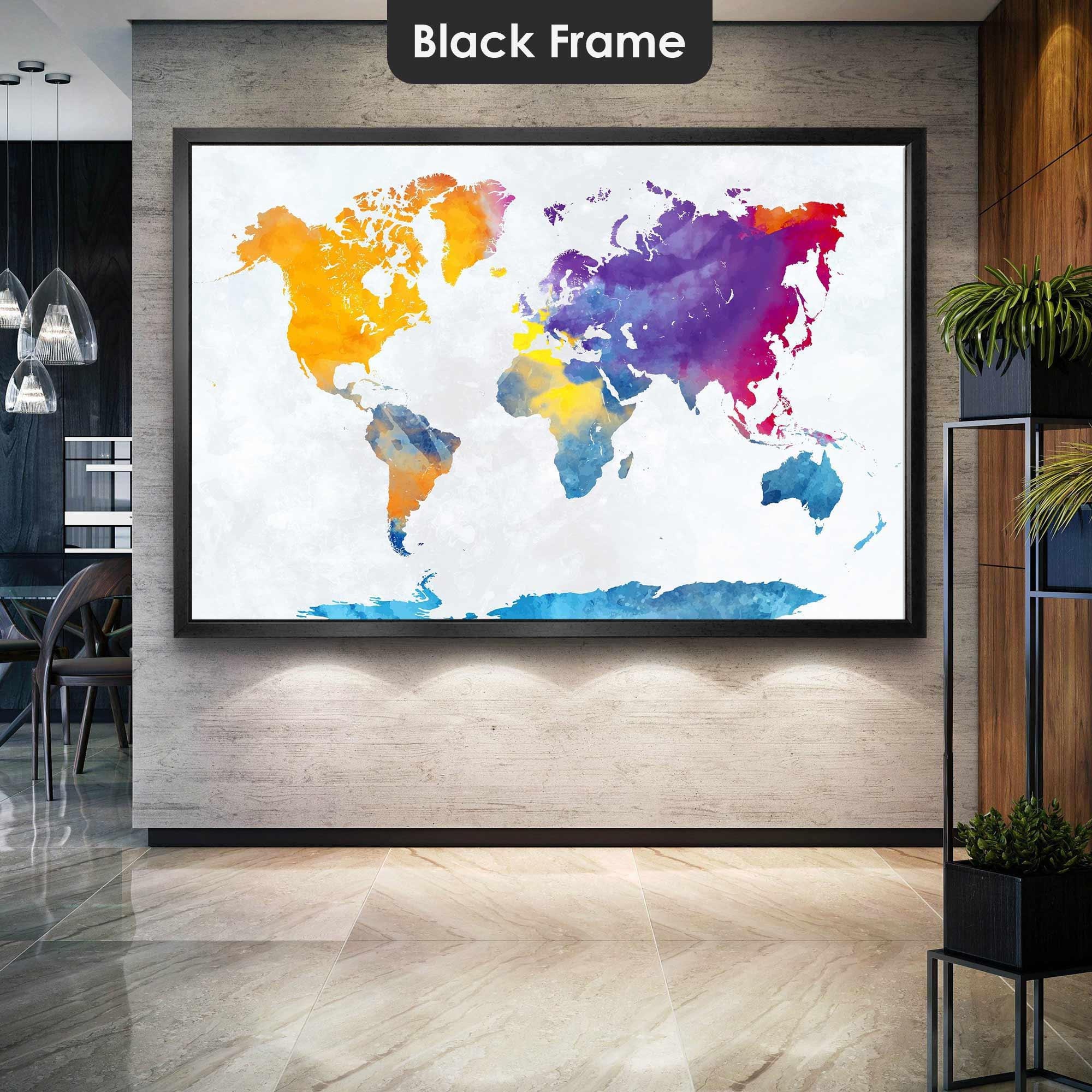 Colorful World Map Wall Art, Modern Map Canvas Art, Living Room Wall ...
