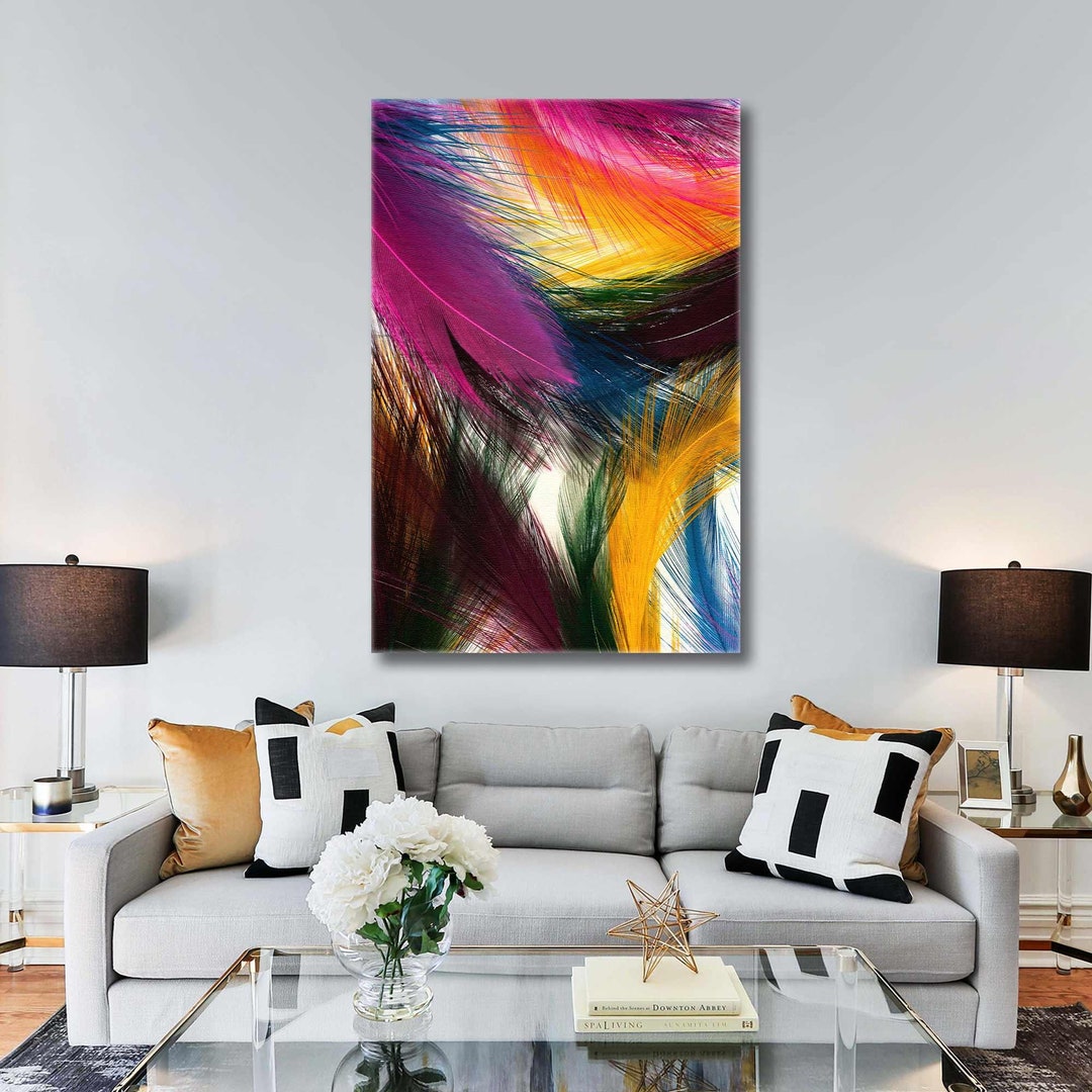 Art mural coloré, toile d'art avec plumes d'oiseau, décoration murale ...