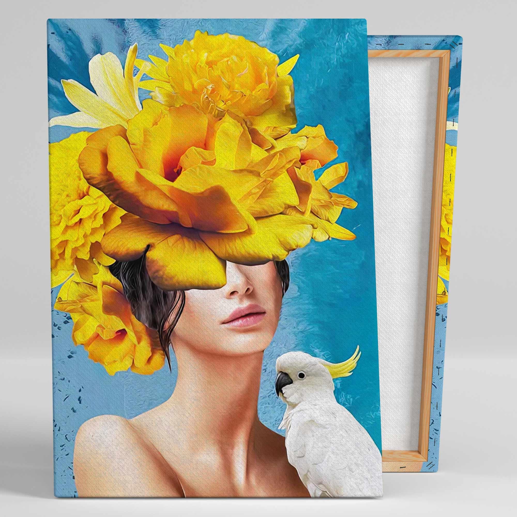 Art mural femme, toile perroquet, bouquet de fleurs jaunes, toile ...