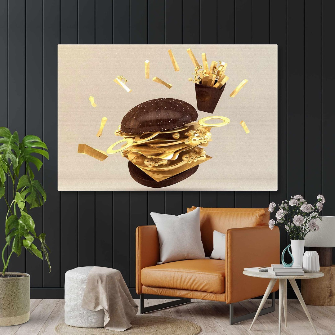 Wooden Hamburger Wall Art, Fast Food Canvas Art, Gold Detailed Wall Art ...