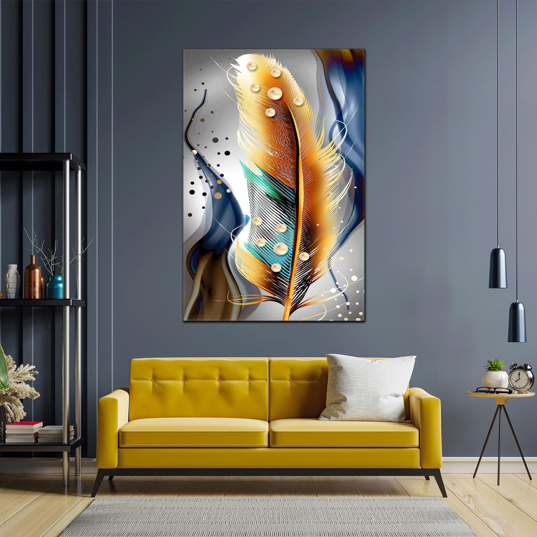 Art mural plumes dorées, décoration murale de salon, oeuvre d'art sur ...