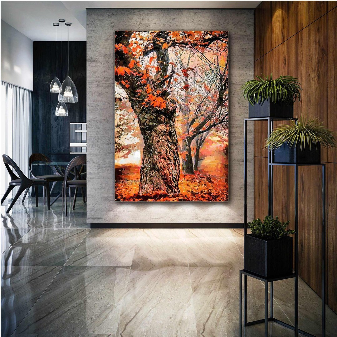 Art mural feuilles mortes, toile forêt d'arbres, décoration murale ...