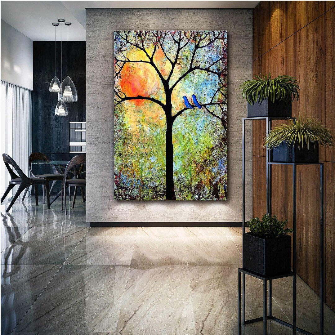 Art mural oiseaux bleus, arbre coloré sur toile, décoration murale ...