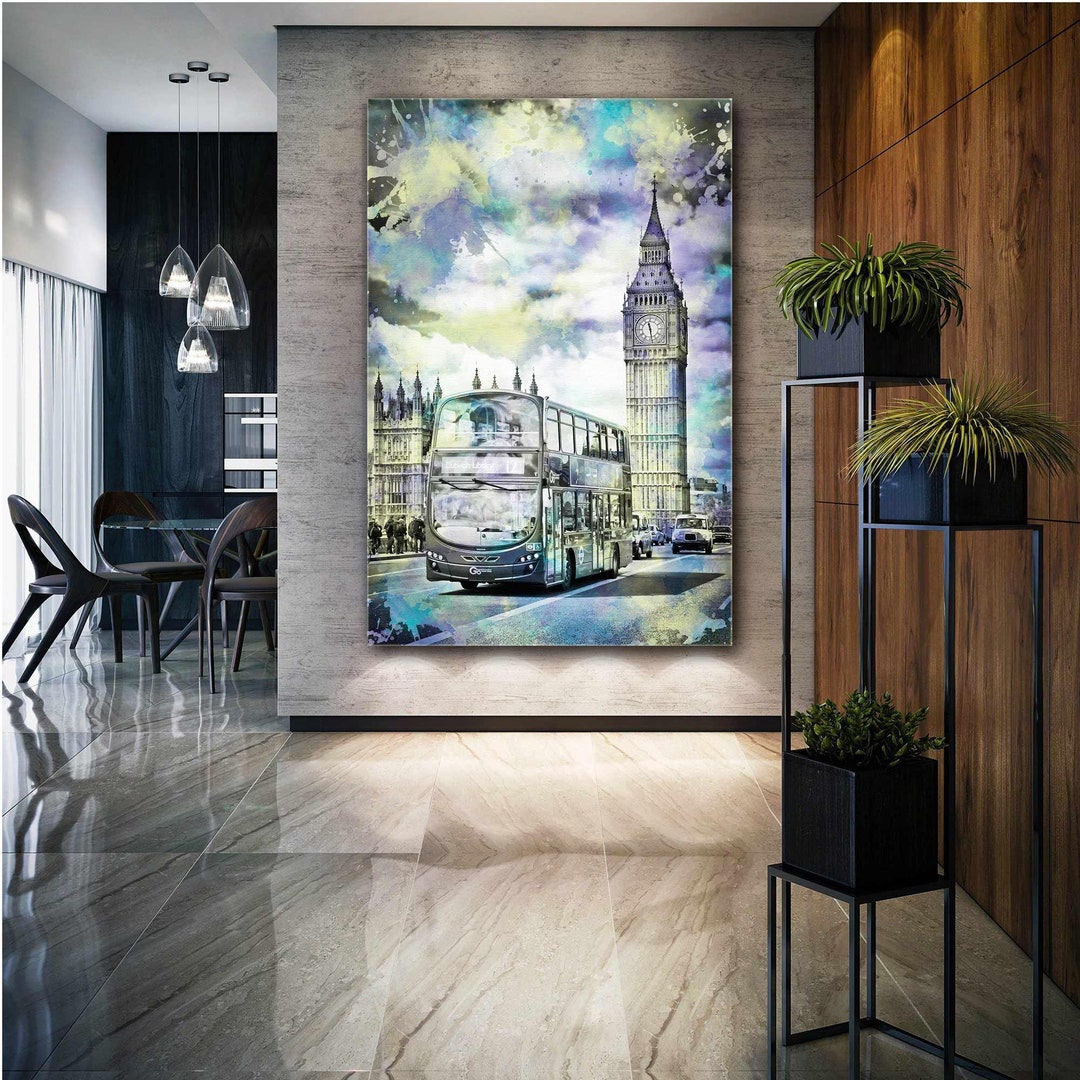 London Wall Art, Clock Tower Canvas Art, Retro Bus Wall Decor, Roll up ...