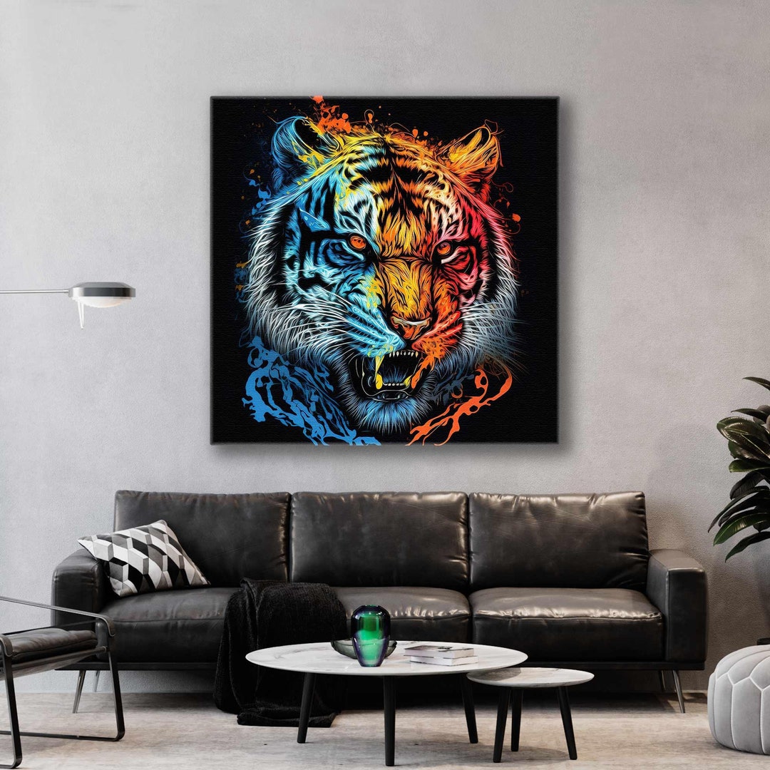 Blue Orange Red Roaring Tiger Wall Art, Graffiti Canvas Art, Modern ...
