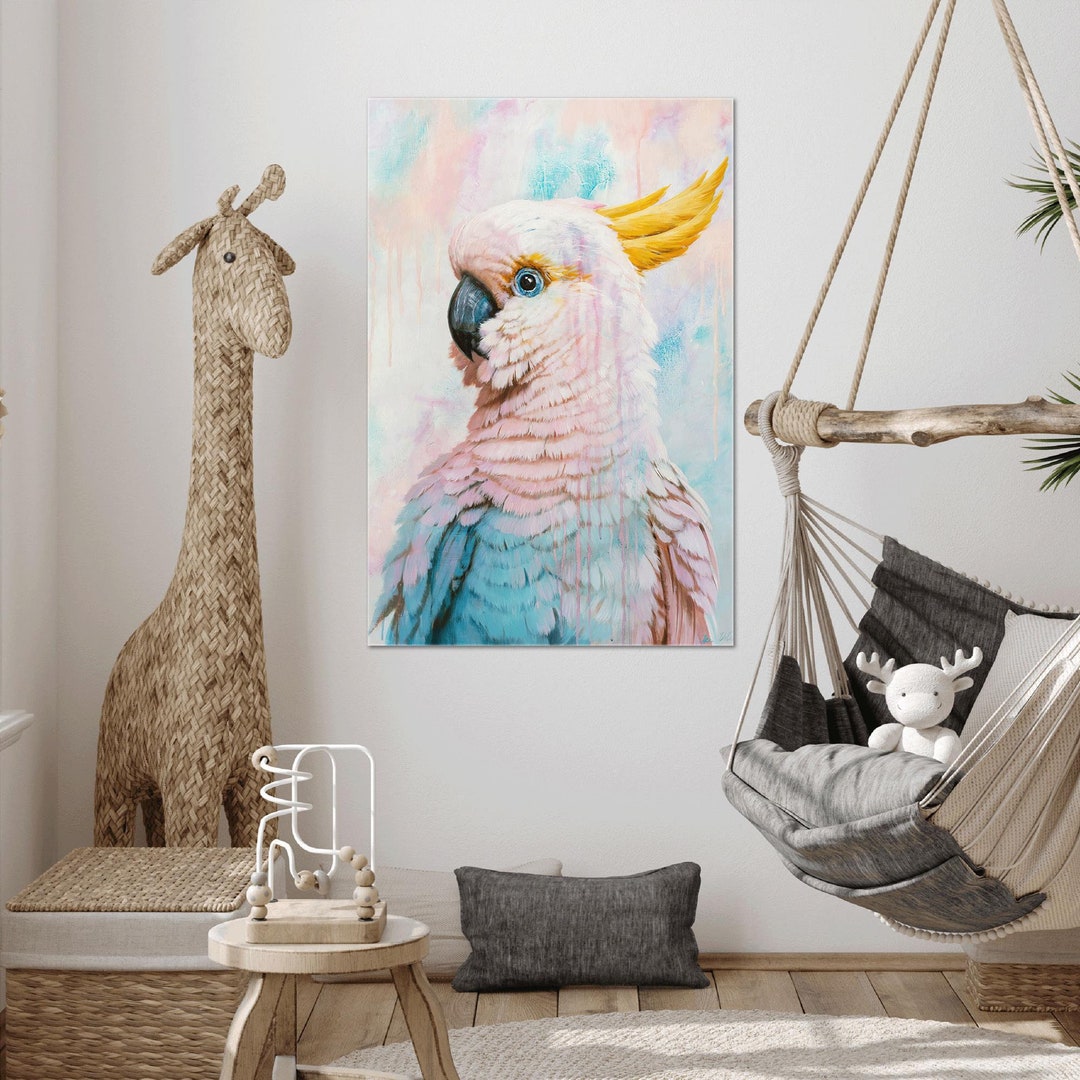 Art mural perroquet rose, décoration murale élégante, toile oiseau ...