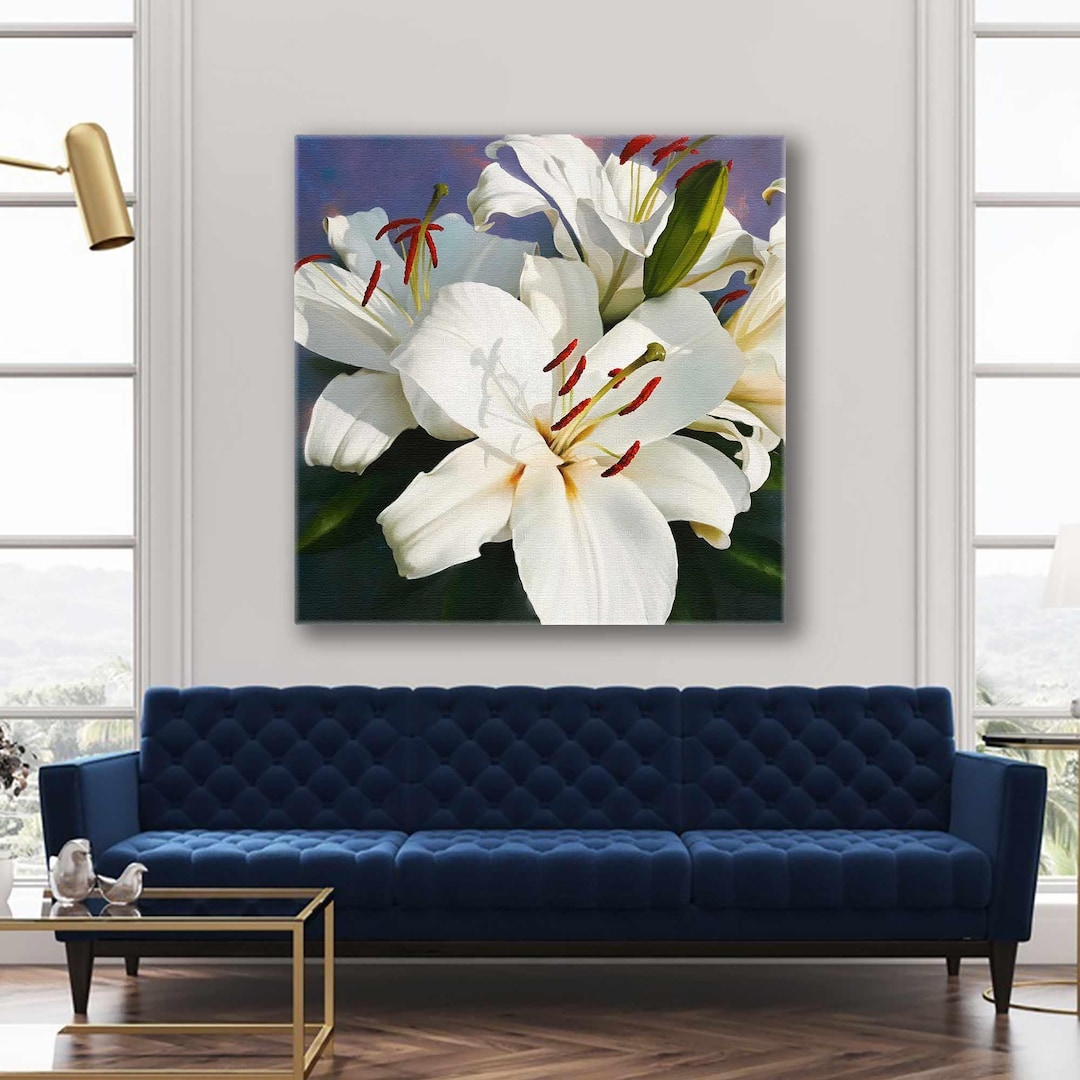 White Lily Flower Wall Art, Nature Canvas Art, Living Room Wall Decor ...