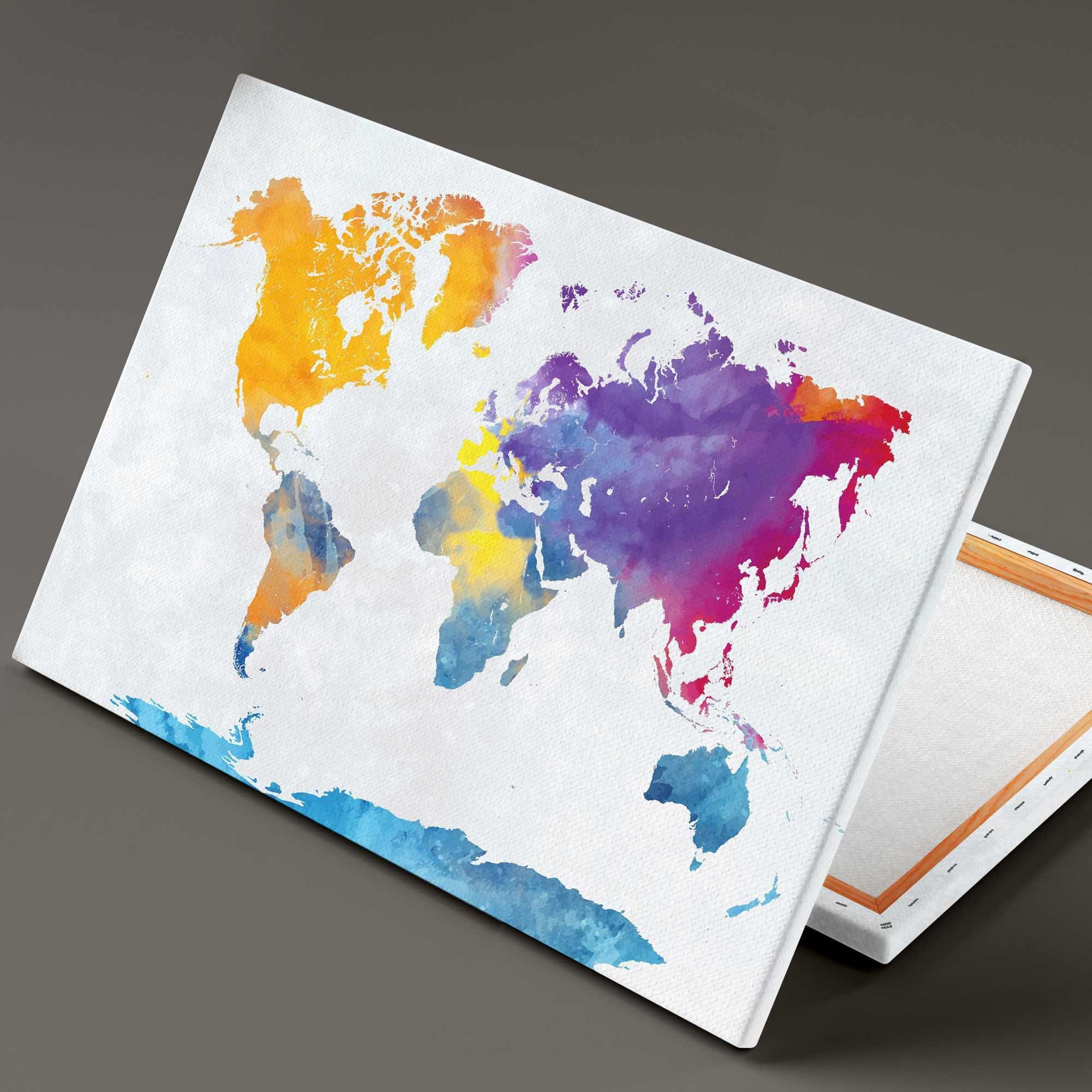 Colorful World Map Wall Art, Modern Map Canvas Art, Living Room Wall ...