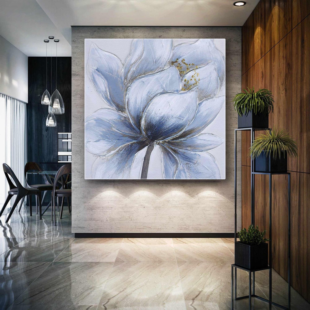Big Blue Flower With Gold Detailed Wall Art, Nature Canvas Art, Modern ...