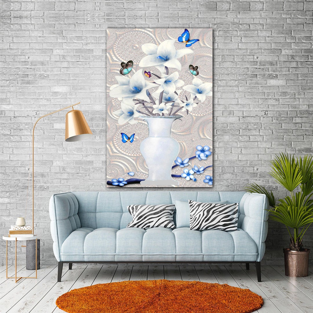 Art mural papillons bleus, toile d'art florale, décoration murale de ...
