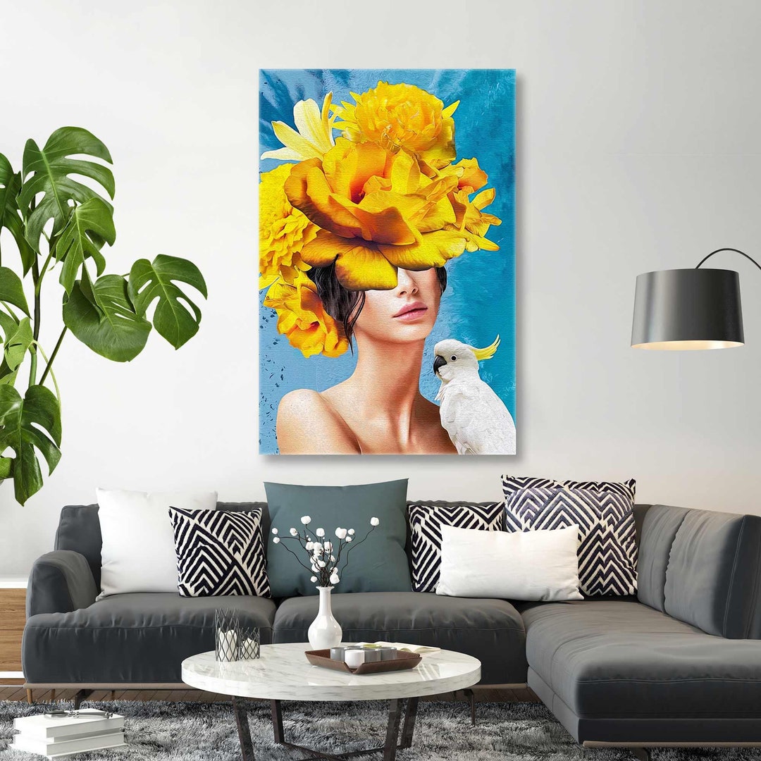 Art mural femme, toile perroquet, bouquet de fleurs jaunes, toile ...