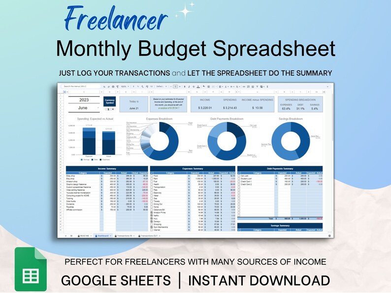 Monthly Budget Spreadsheet Google Sheets Template, Freelancer, Budget ...