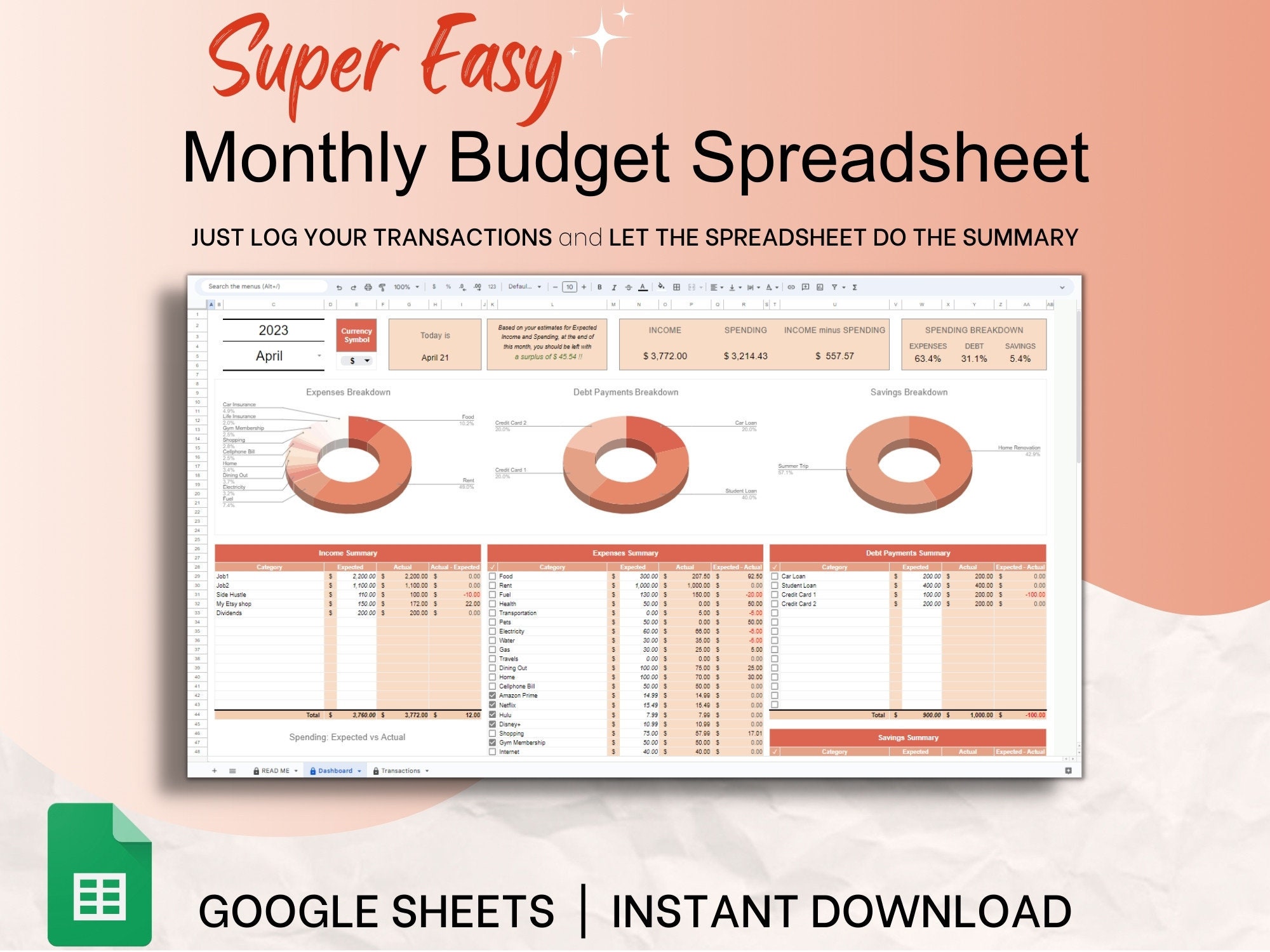 Monthly Budget Spreadsheet Google Sheets Template, Super Easy, Budget ...