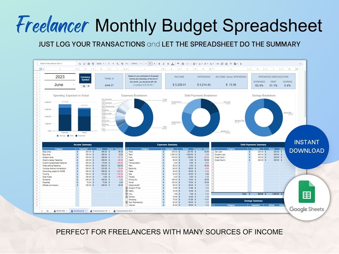 Monthly Budget Spreadsheet Google Sheets Template Freelancer - Etsy