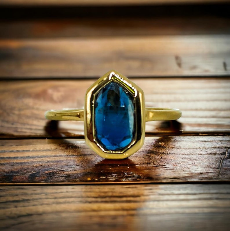 14K Gold Geometric Blue Sapphire Slice Ring, 14K Gold Geometric Ring ...