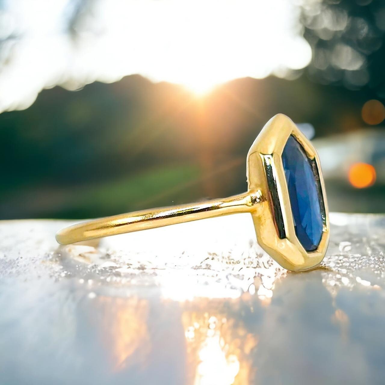 14K Gold Geometric Blue Sapphire Slice Ring, 14K Gold Geometric Ring ...
