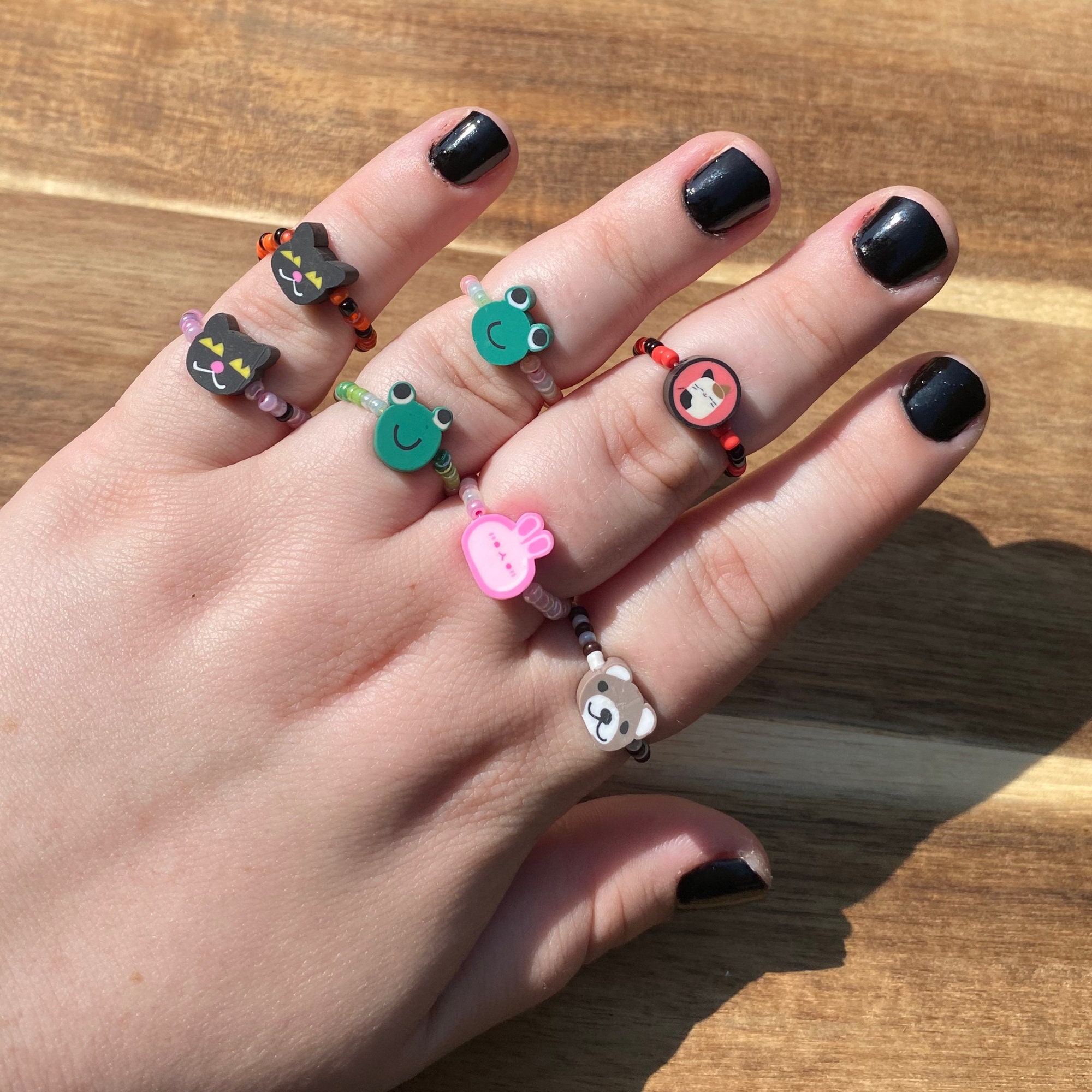 Animal Beaded Rings | Squishmallow Cat Frog Bunny Bear Rings | Polymer ...
