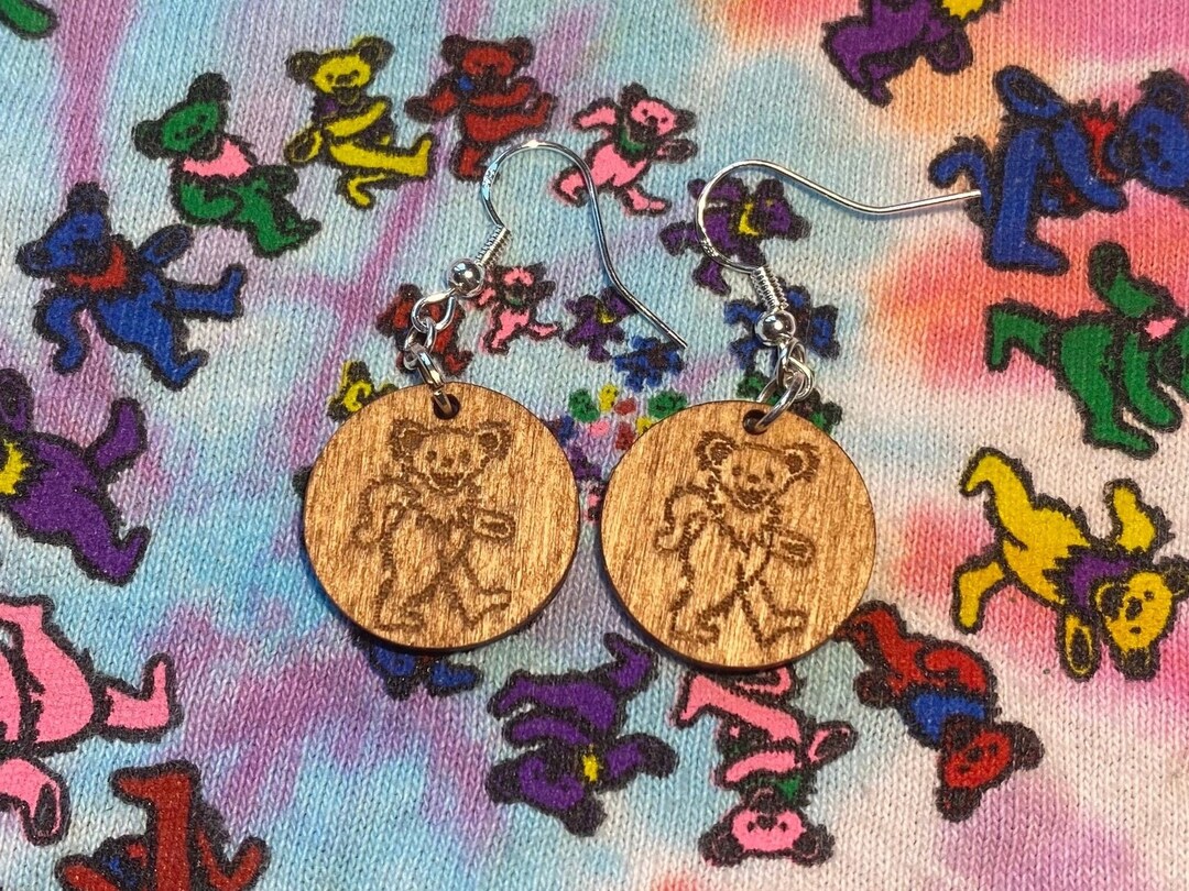 Wooden Engraved Grateful Dead Dancing Bear Earrings | Deadhead ...