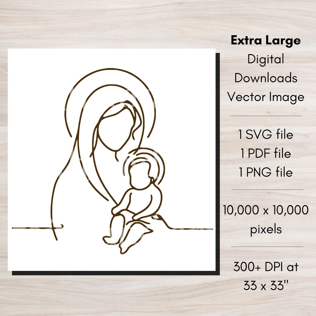 Mary and Jesus Line Art, Virgin Mary and Baby Jesus Vector, Christian ...