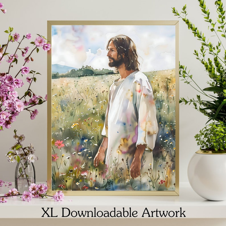 Moderne christliche Kunst, digitaler Download, Jesus in einem Feld von Wildblumen, christliches ...