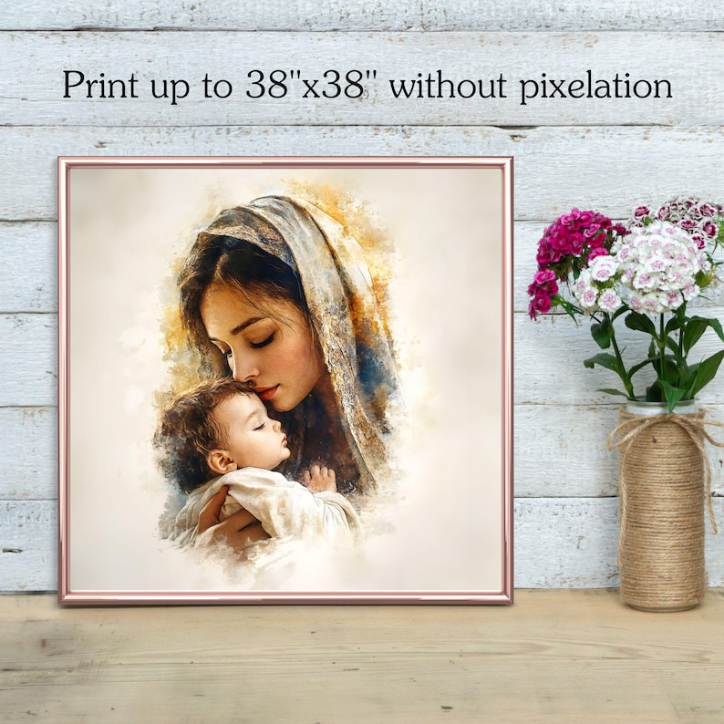 Mary and Jesus Artwork, Nativity Christmas Digital Painting, Virgin St. Mary and Baby Jesus ...