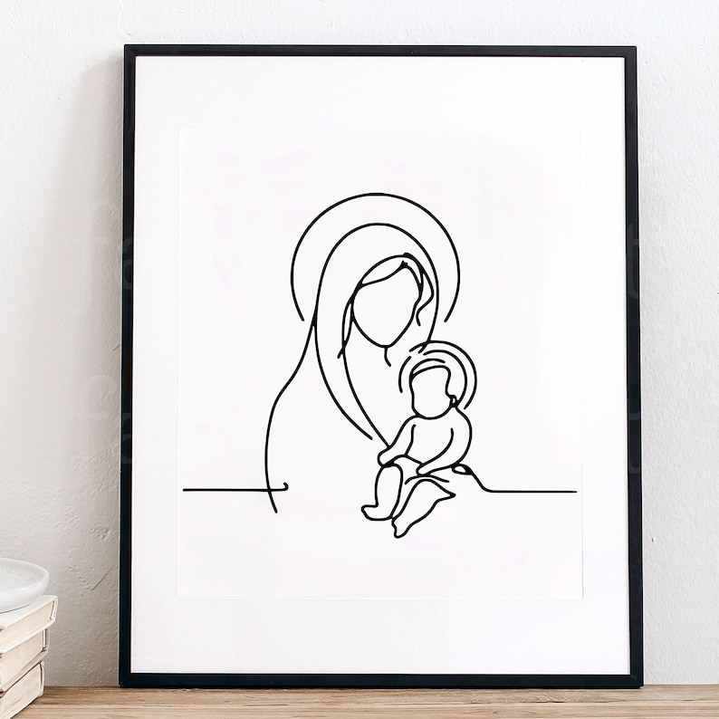 Mary and Jesus Line Art, Virgin Mary and Baby Jesus Vector, Christian ...