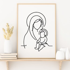Mary and Jesus Line Art, Virgin Mary and Baby Jesus Vector, Christian ...