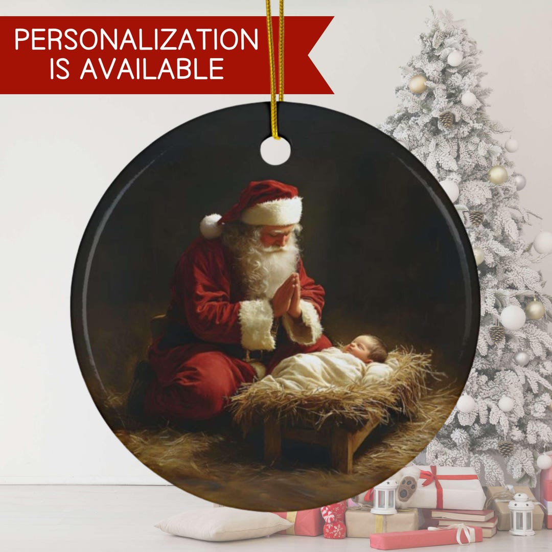 Personalized Santa Claus Praying to Jesus Christ Ceramic Ornament ...
