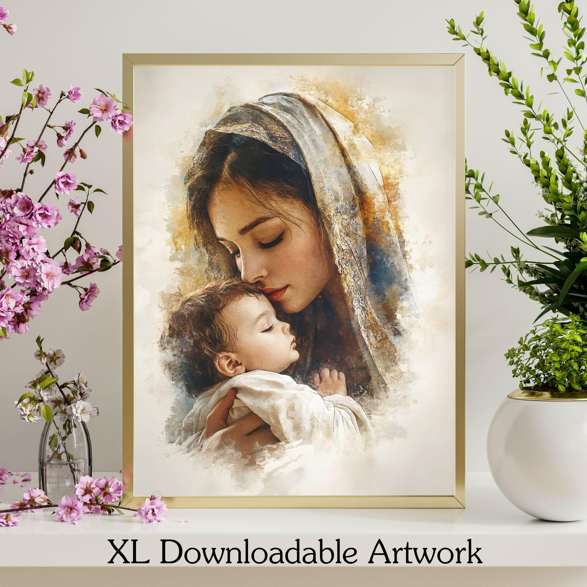Mary and Jesus Artwork, Nativity Christmas Digital Painting, Virgin St. Mary and Baby Jesus ...