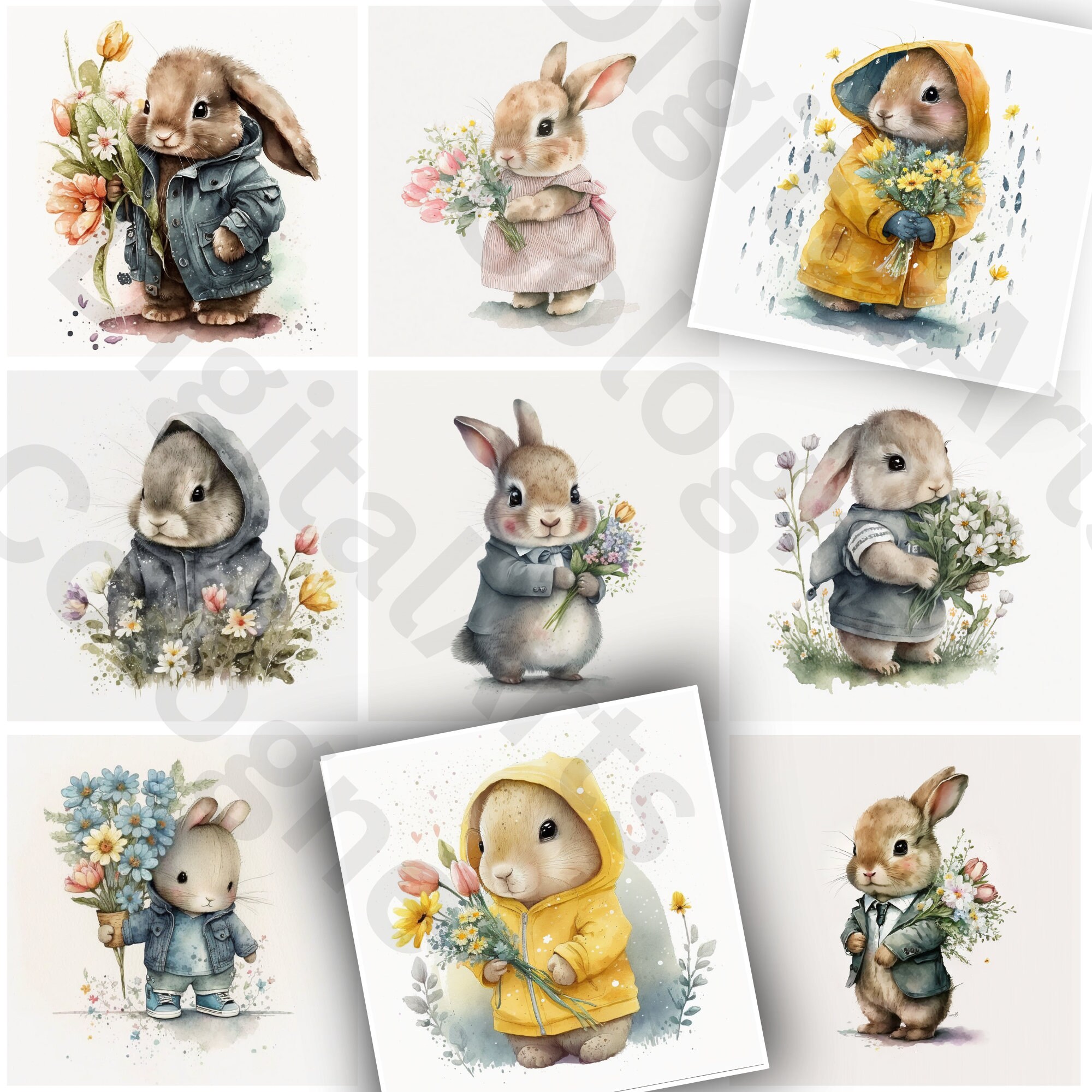 Cute Baby Bunny With Flowers Clipart Bundle, Nursery Style ...