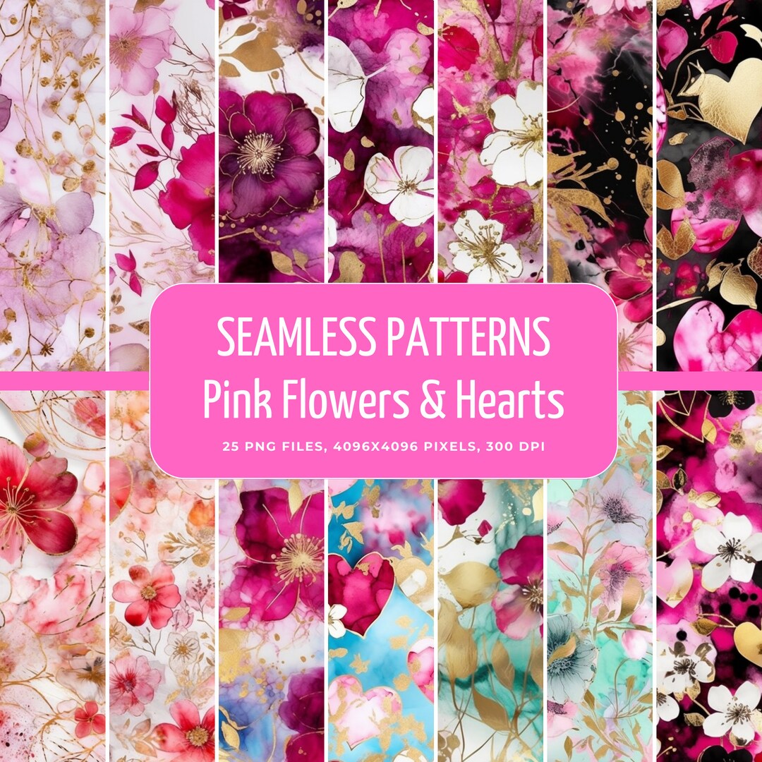 Alcohol Ink Pink & Gold Foil - Flowers and Hearts - Digital Paper ...