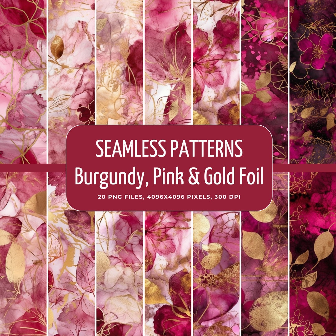 Alcohol Ink Burgundy and Pink, Gold Foil - Digital Paper - Seamless ...