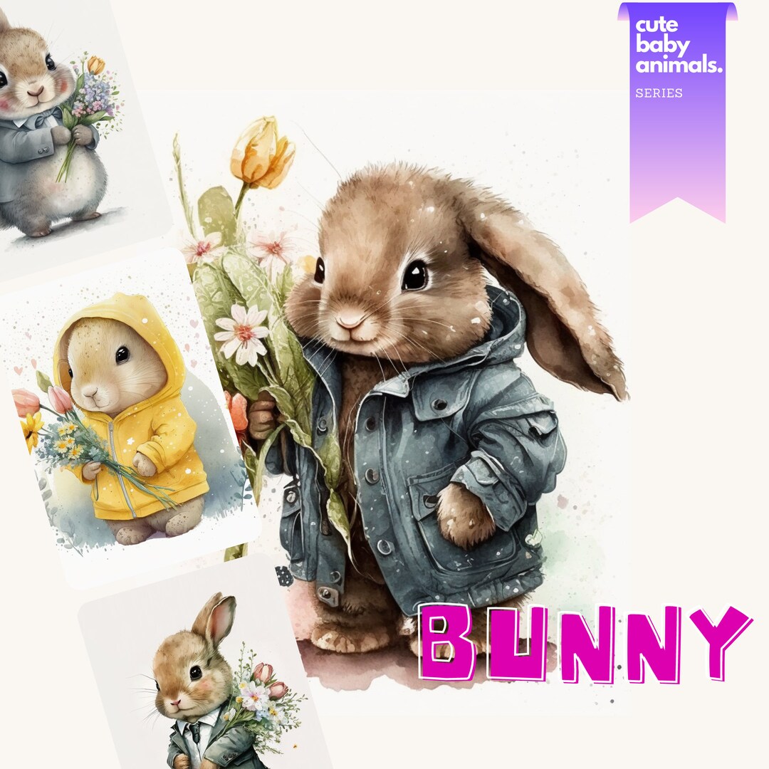 Cute Baby Bunny With Flowers Clipart Bundle, Nursery Style ...