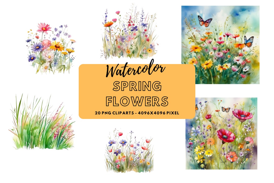 Watercolor Spring Flowers, Clipart, Wildflowers, Beautiful Scenery ...