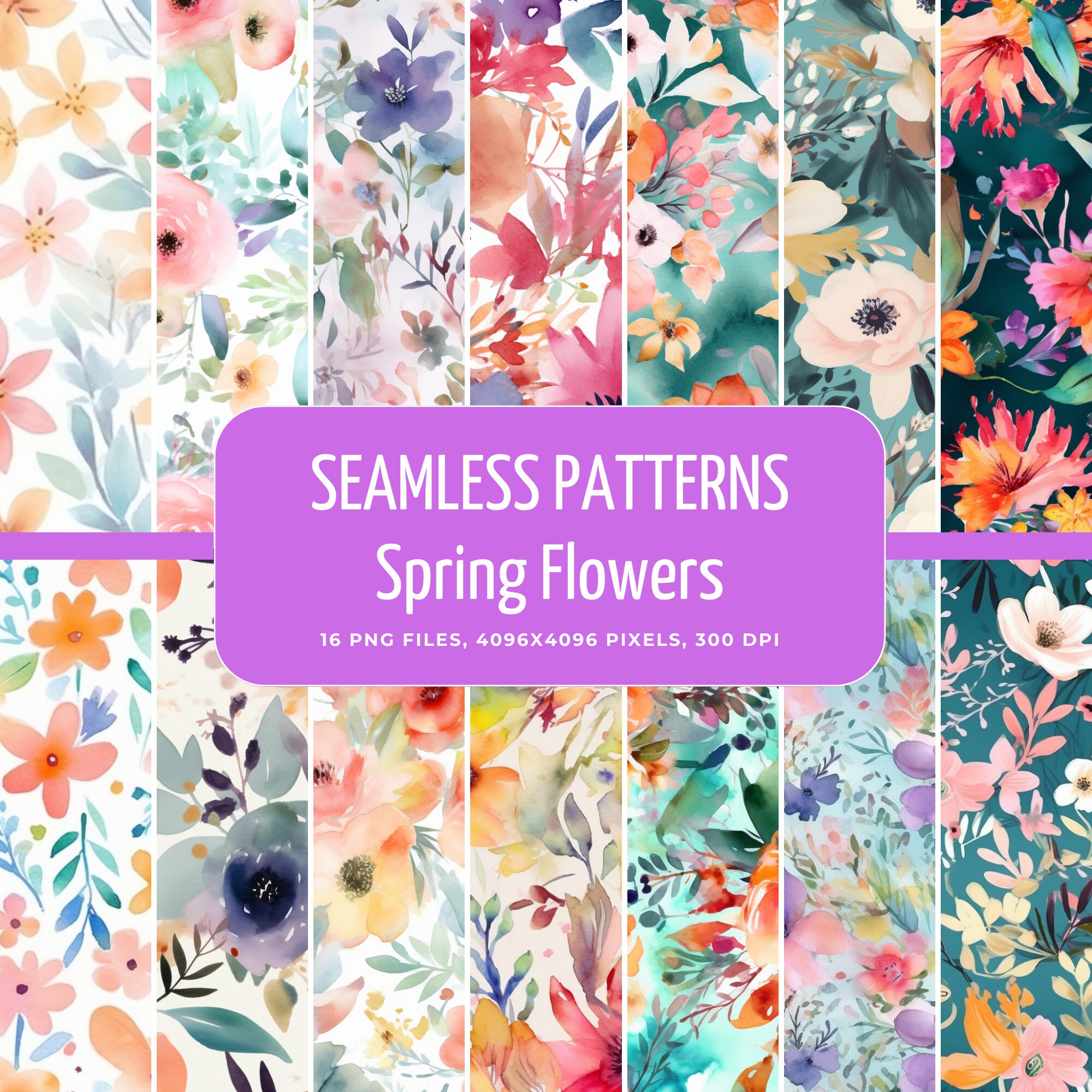 Spring Flowers Digital Paper SEAMLESS PATTERN Watercolor Flower Pattern ...