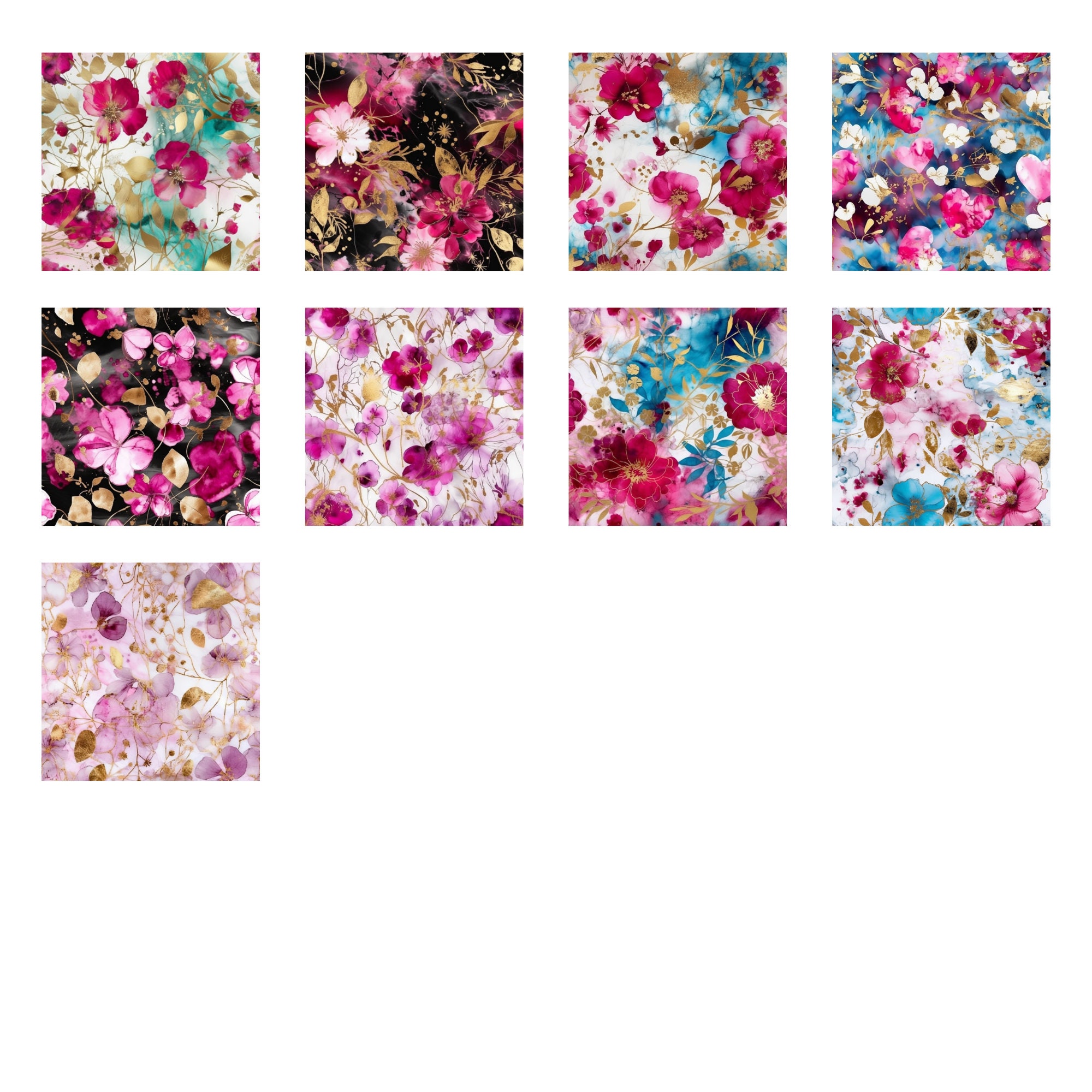 Alcohol Ink Pink & Gold Foil Flowers and Hearts Digital Paper Seamless ...
