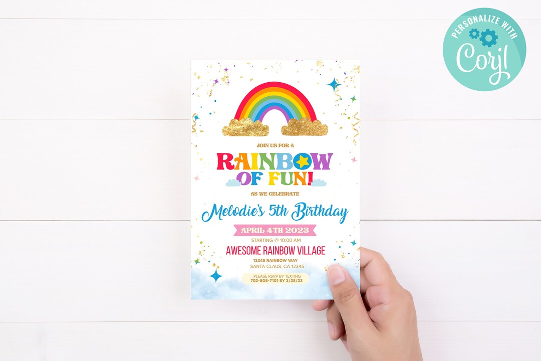 Rainbow Birthday Design Invitation 5 X 7 Editable Digital Template ...