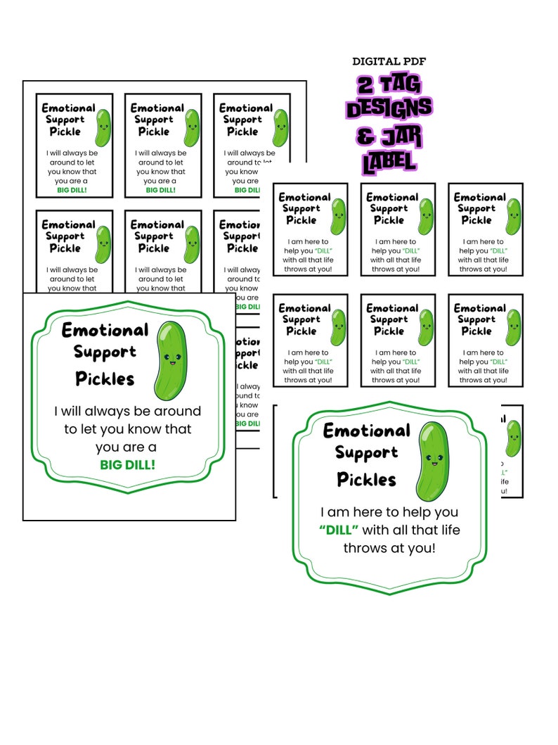 Emotional Support Pickle Tag & Jar Label (digital PDF) - Etsy