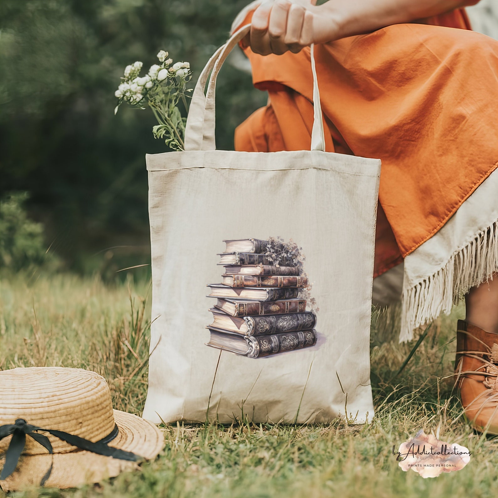 100% Cotton Canvas Tote Bag, Bookish Bag, Pile of Books, Pretty Book ...