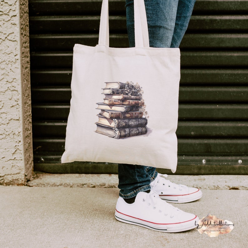 100% Cotton Canvas Tote Bag, Bookish Bag, Pile of Books, Pretty Book ...