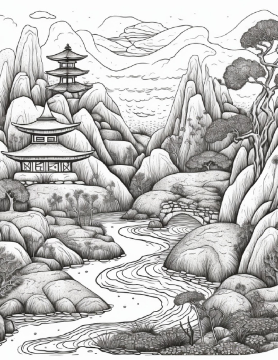 Japanese Mountain Scene Coloring Page - Instant Download - Grayscale ...