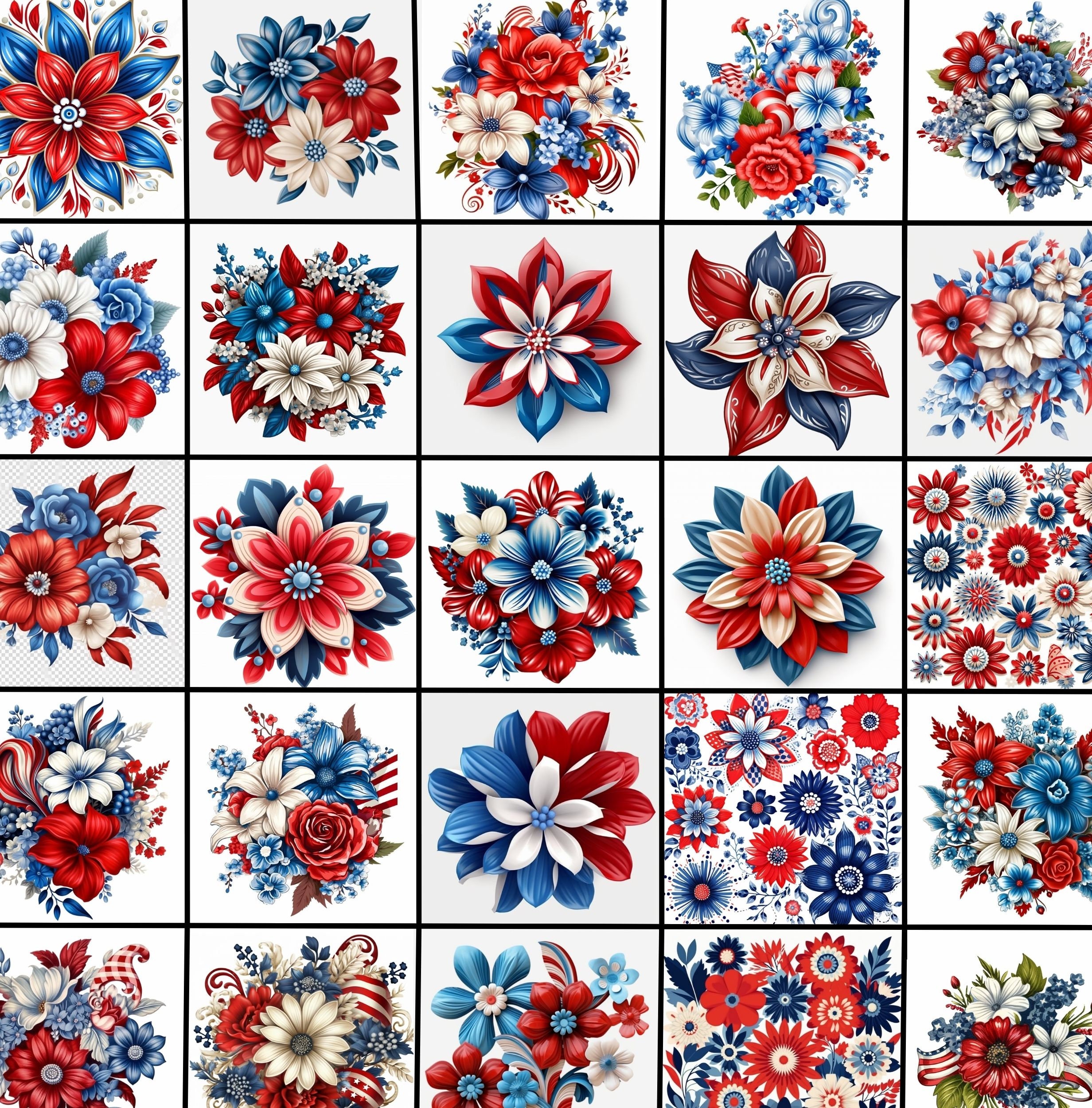 Red White Blue Patriotic Flowers PNG SVG, Watercolor Floral Clipart ...