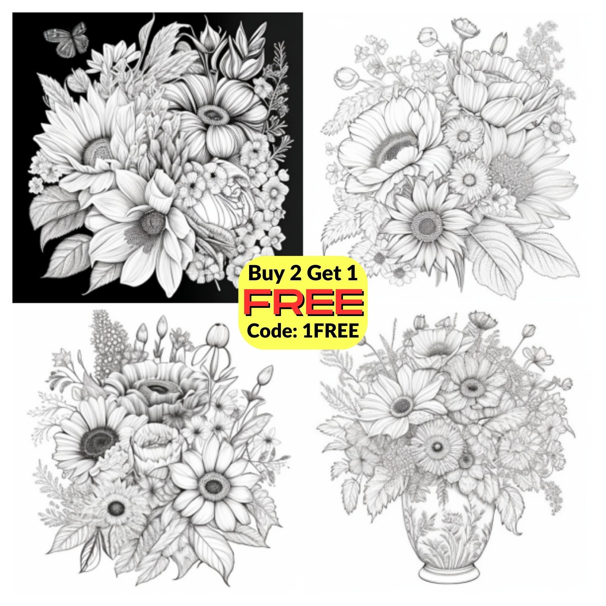 Flower Bouquet Coloring Pages for Adults - Instant Download - Etsy