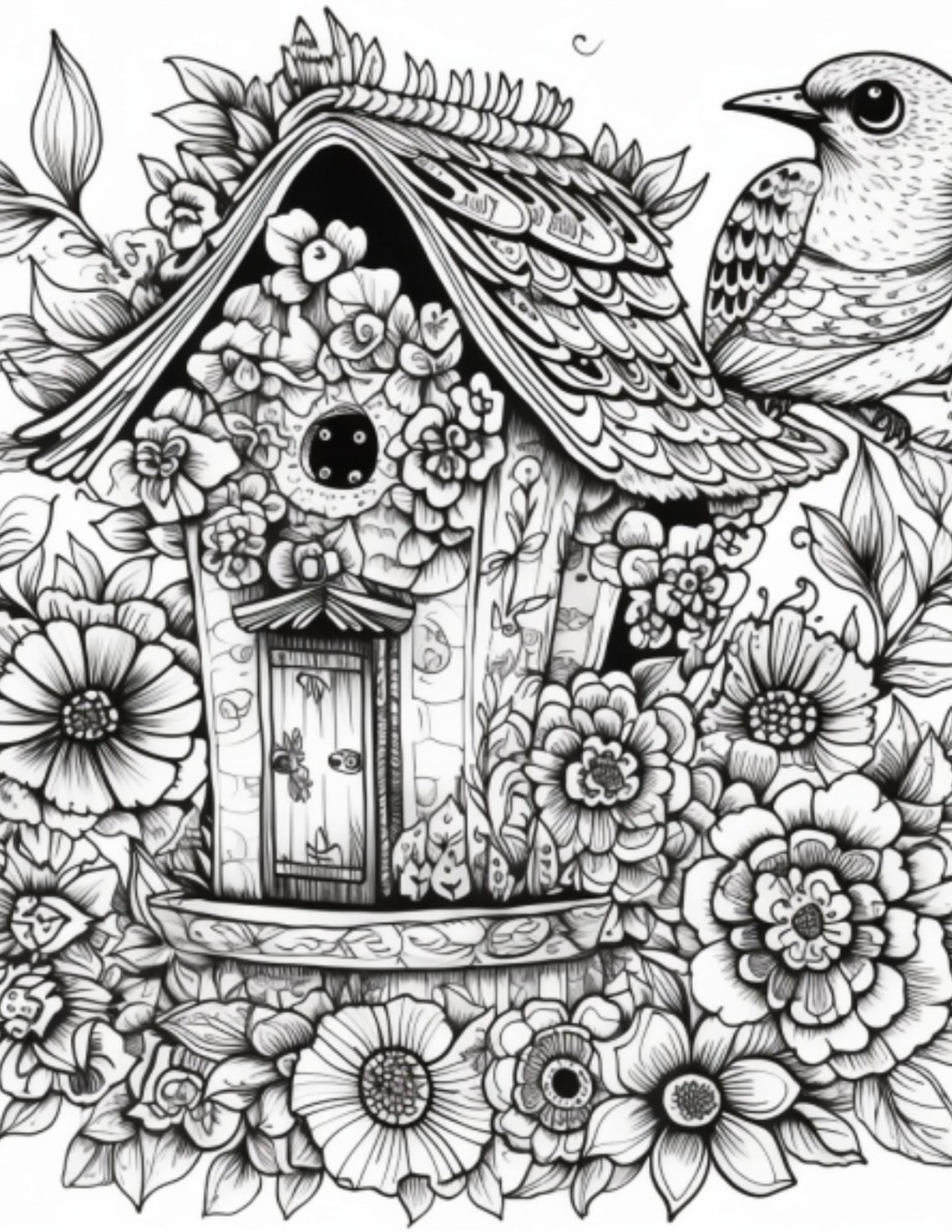 Bird House Coloring Page - Instant Download - Grayscale Coloring Page ...