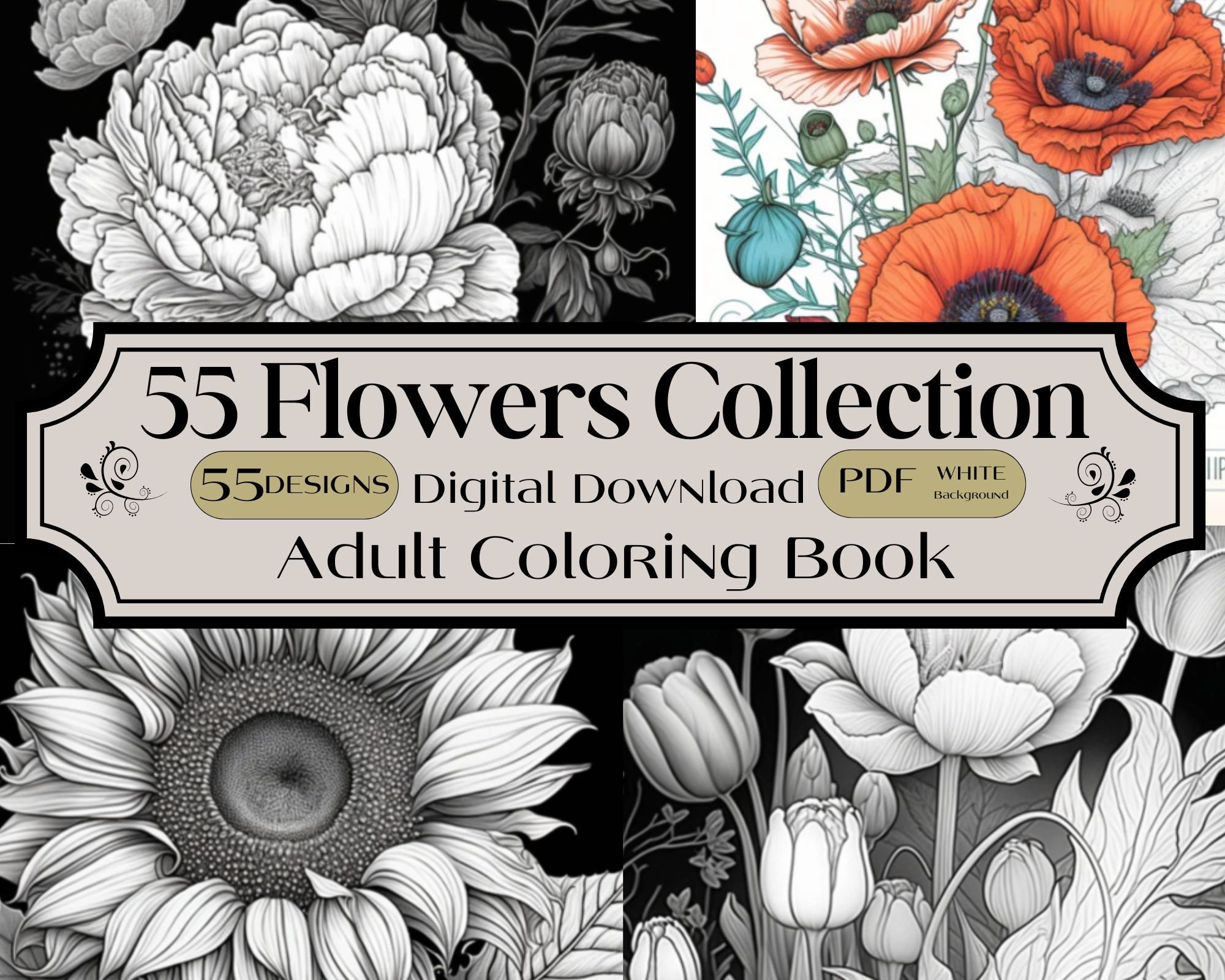 55 Flower Collection Coloring Page, Adults Kids Instant Download ...