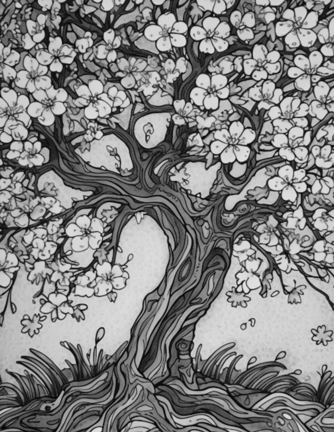 Cherry Blossom Coloring Page - Instant Download - Grayscale Coloring ...