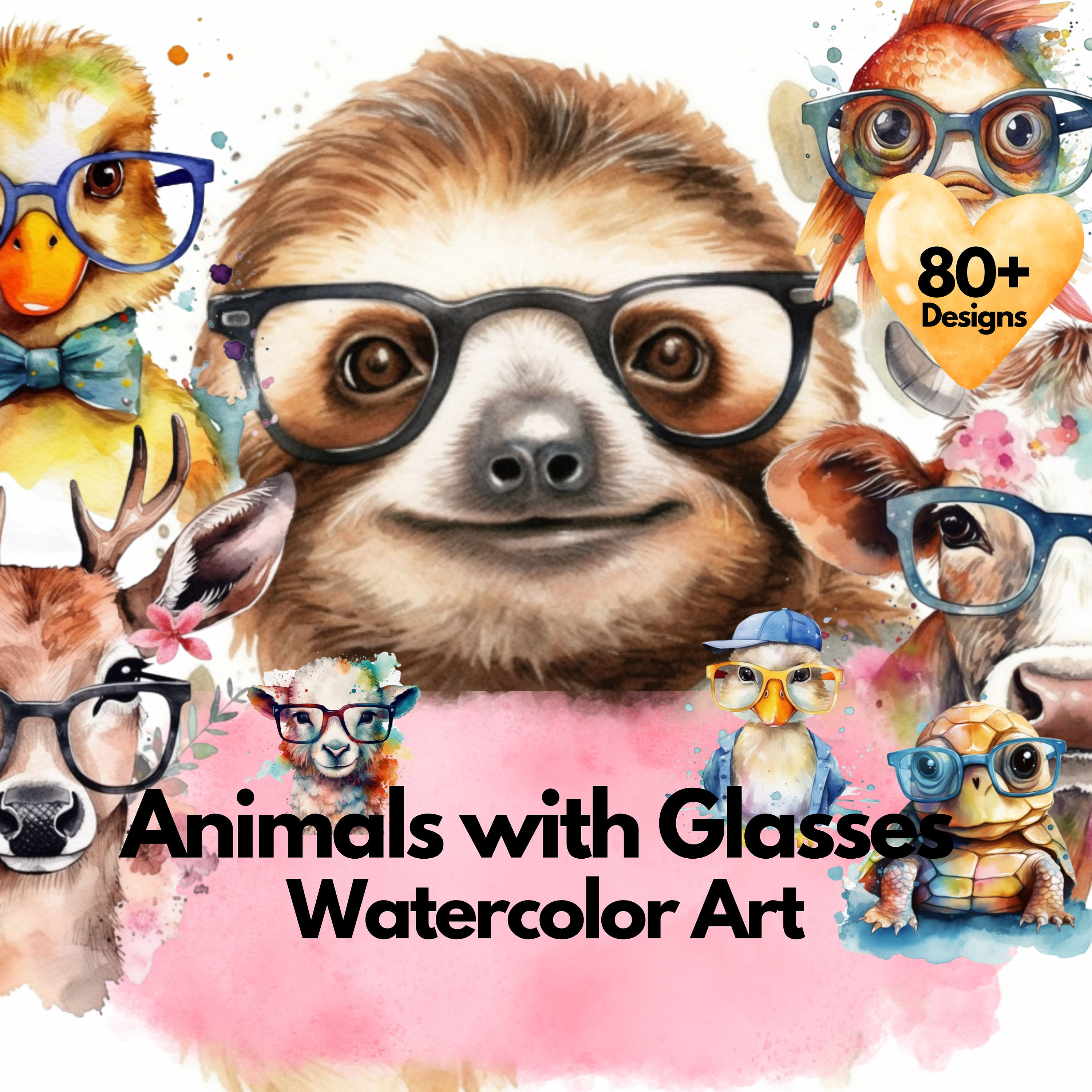 80 Cute Watercolor Animal Clipart With Glasses PNG for Sublimation ...