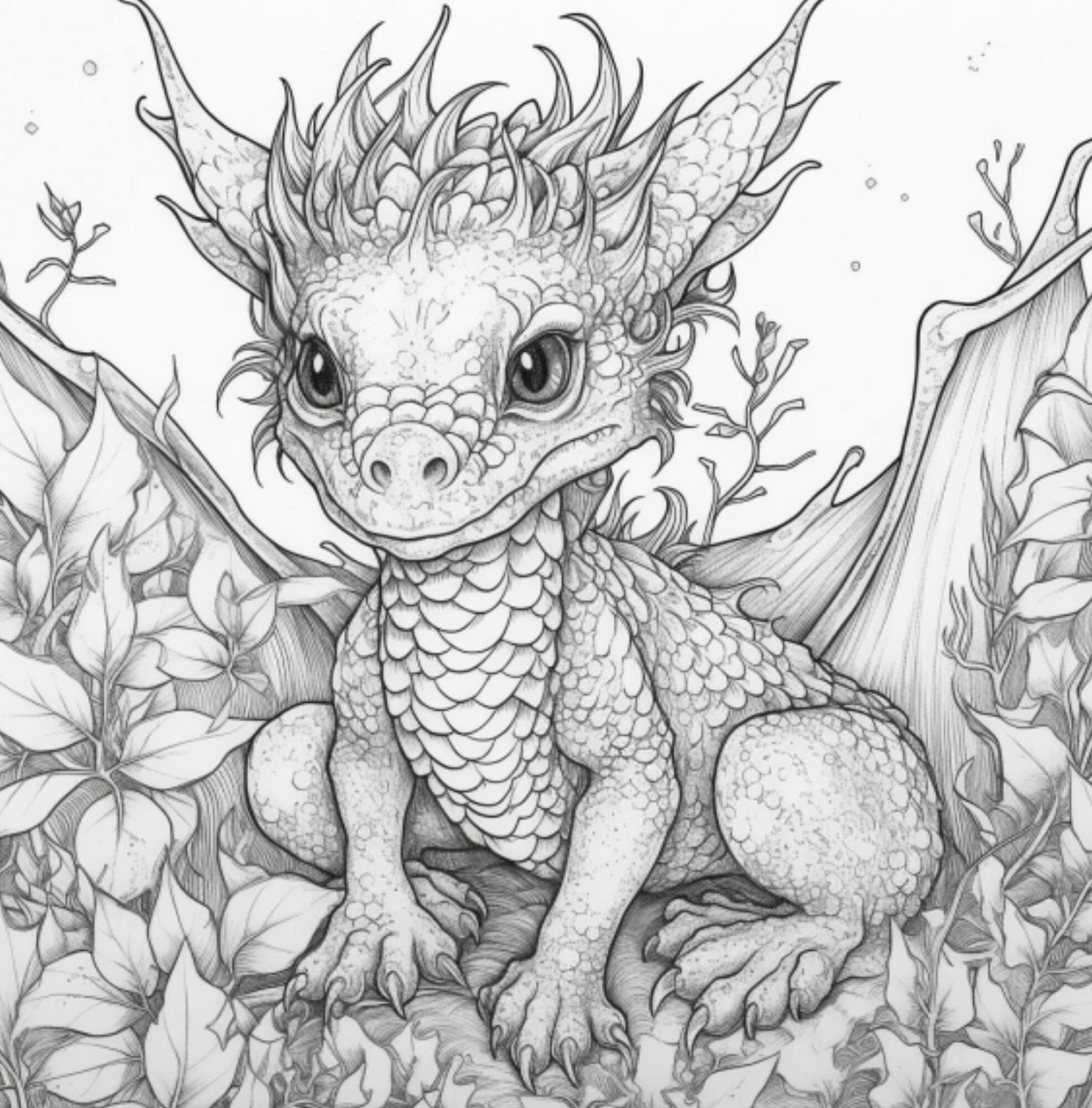 30 Baby Woodland Dragon Fantasy Coloring Page Book, Adults Kids Instant ...