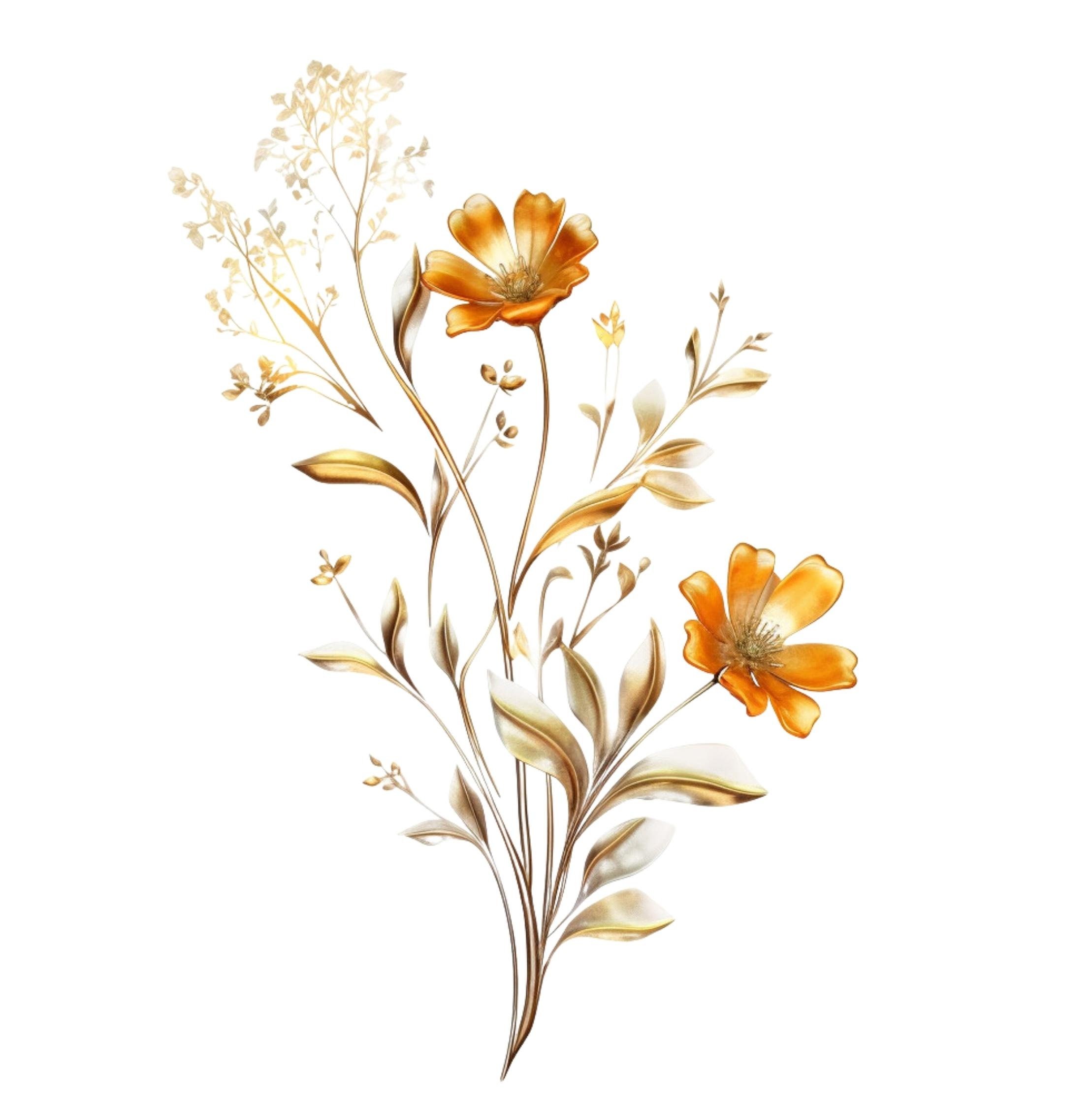 Gold Flowers PNG, Watercolor Floral Clipart Bouquets, Elements ...