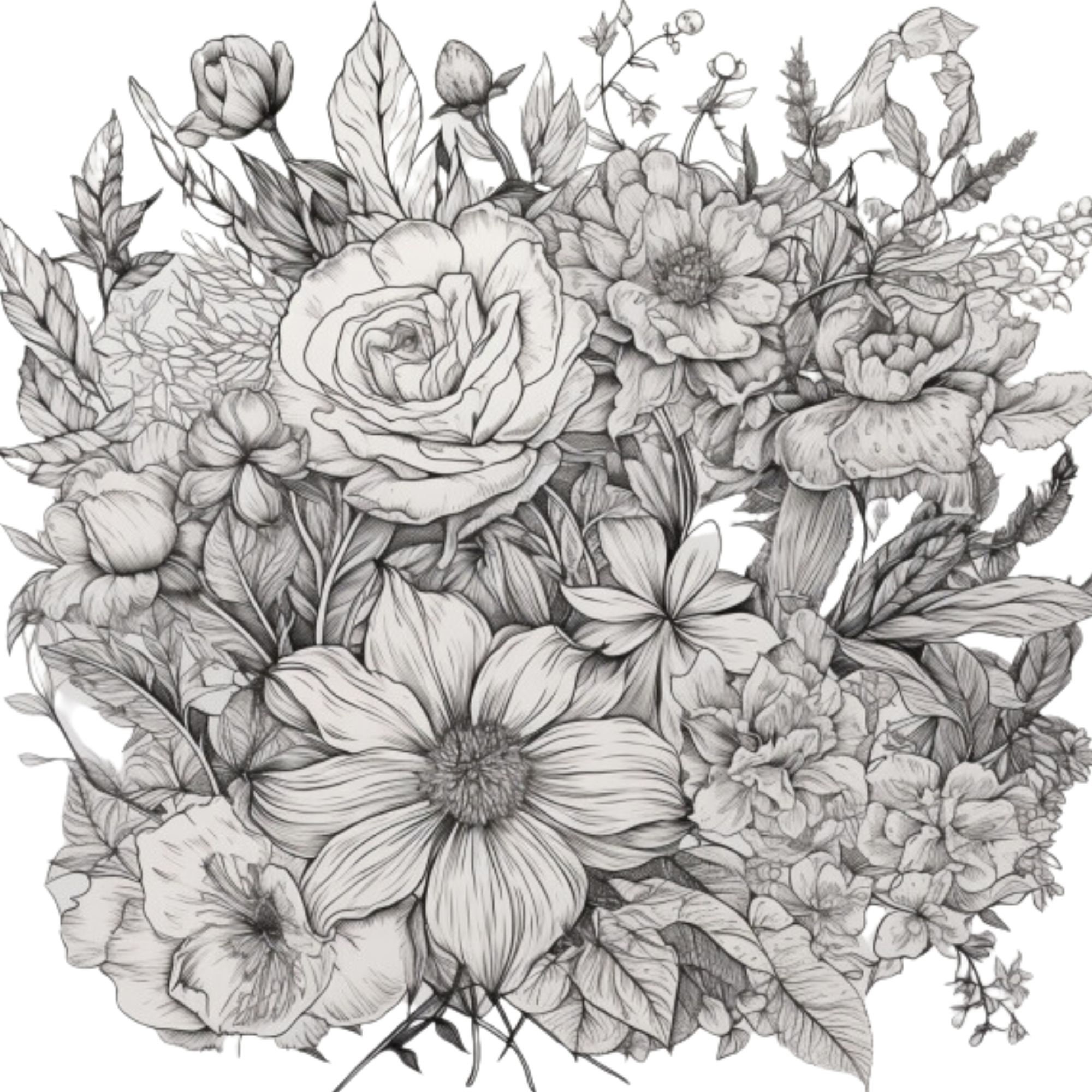 Floral Line Art, Botanical Line Art, Clipart, Wedding Flowers, Flowers ...